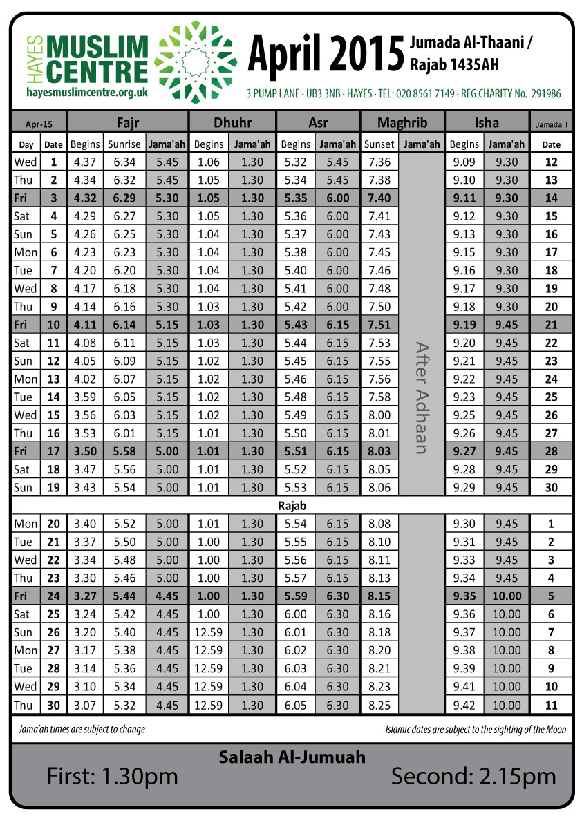 Timetable » Hayes Muslim Centre